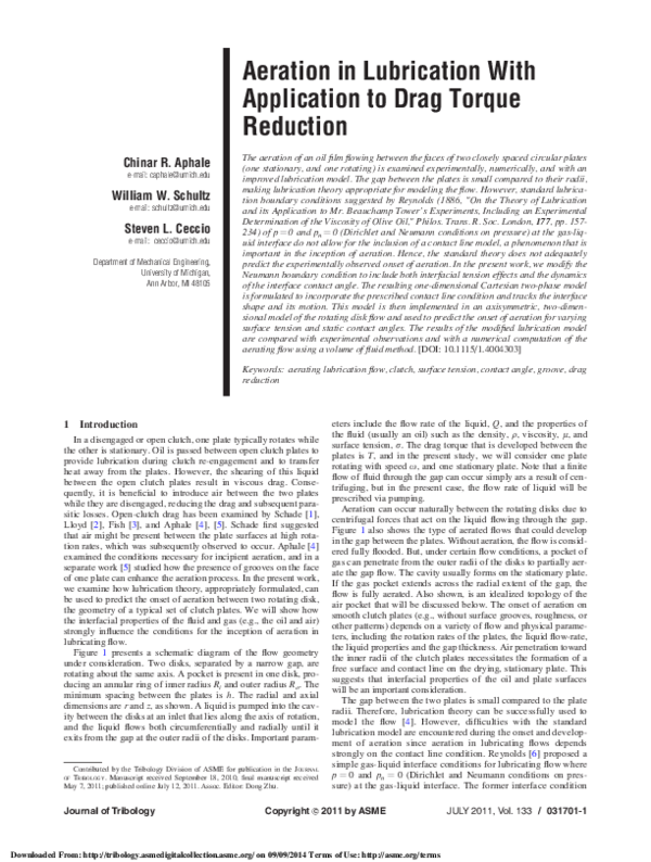 (PDF) Aeration in Lubrication With Application to Drag Torque Reduction ...