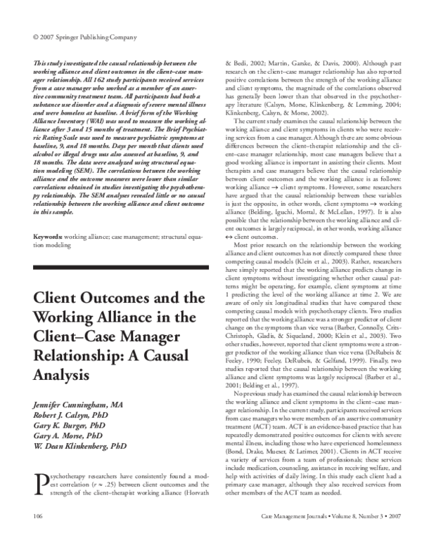 (PDF) Client Outcomes and the Working Alliance in the Client–Case ...