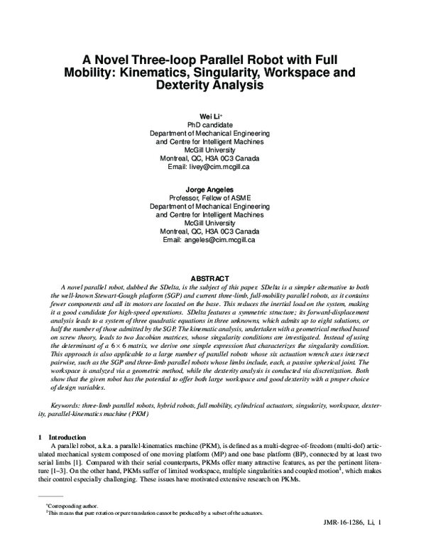 (PDF) A Novel Three-Loop Parallel Robot With Full Mobility: Kinematics, Singularity, Workspace ...