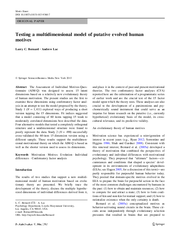 (PDF) Testing a multidimensional model of putative evolved human motives