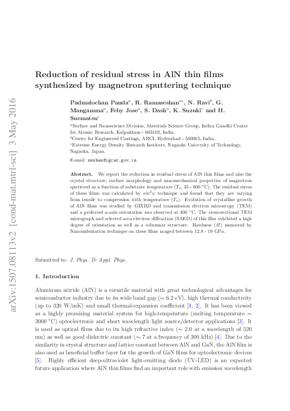 (PDF) Reduction of residual stress in AlN thin films synthesized by magnetron sputtering technique