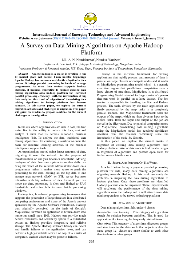 (PDF) A Survey on Data Mining Algorithms on Apache Hadoop Platform