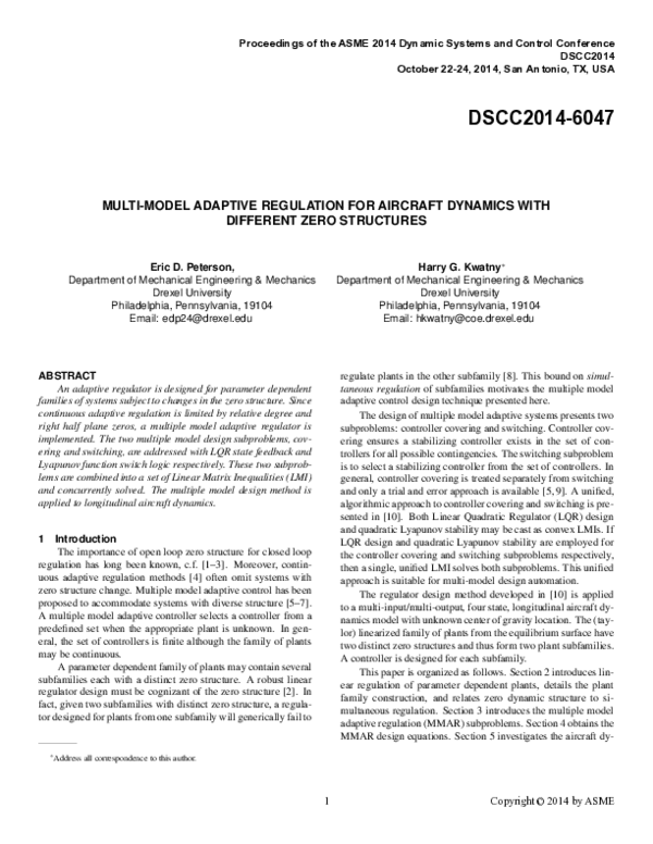 (PDF) Multi-Model Adaptive Regulation for Aircraft Dynamics With Different Zero Structures