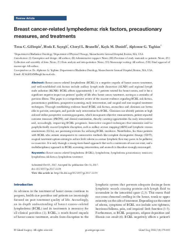 (PDF) Breast cancer-related lymphedema: risk factors, prevention ...
