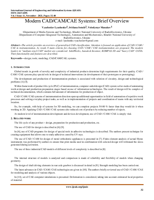 Pdf Modern Cad Cam Cae Systems Brief Overview