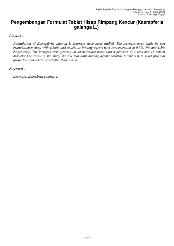 (PDF) Pengembangan Formulat Tablet Hisap Rimpang Kencur (Kaempferia ...