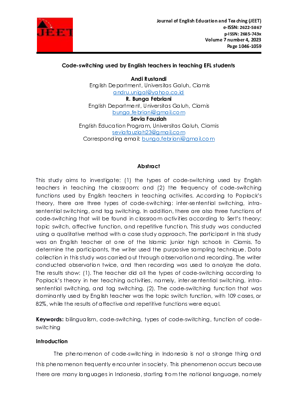 (PDF) Code-switching used by English teachers in teaching EFL students