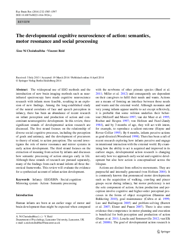 (PDF) The developmental cognitive neuroscience of action: semantics, motor resonance and social ...