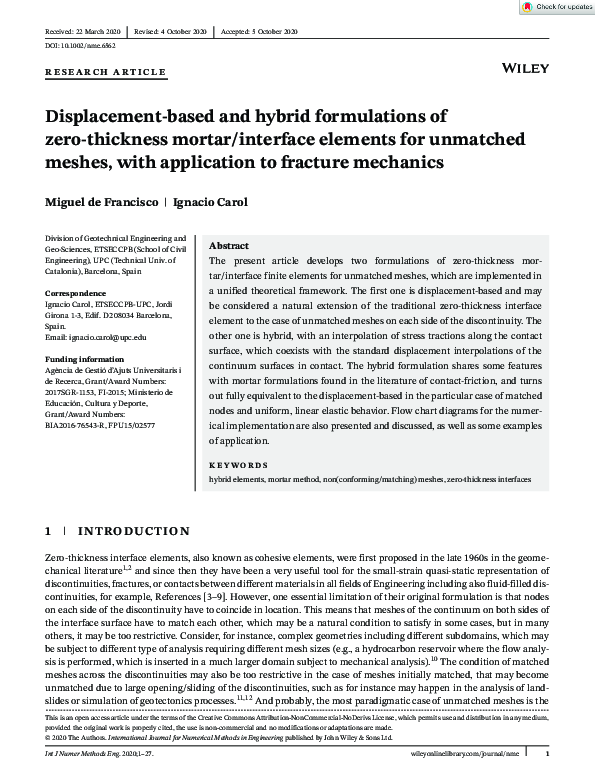 (PDF) Displacement‐based and hybrid formulations of zero‐thickness mortar/interface elements for ...