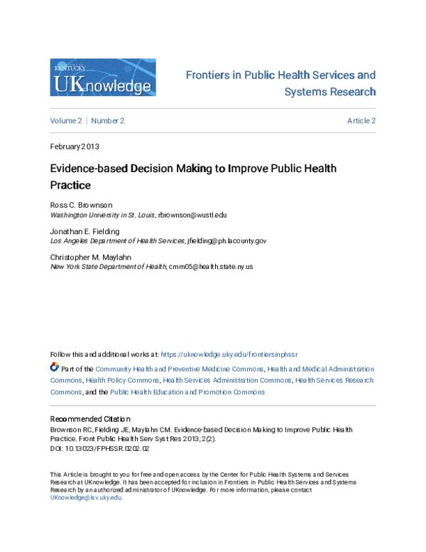 (PDF) Evidence-based Decision Making to Improve Public Health Practice