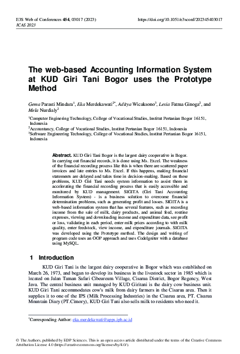 Pdf The Web Based Accounting Information System At Kud Giri Tani Bogor Uses The Prototype Method