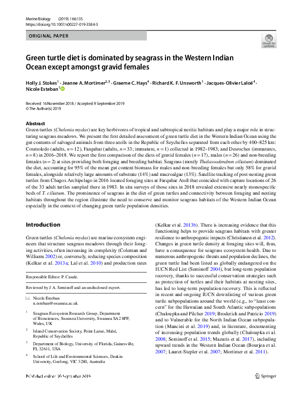 (PDF) Green turtle diet is dominated by seagrass in the Western Indian ...