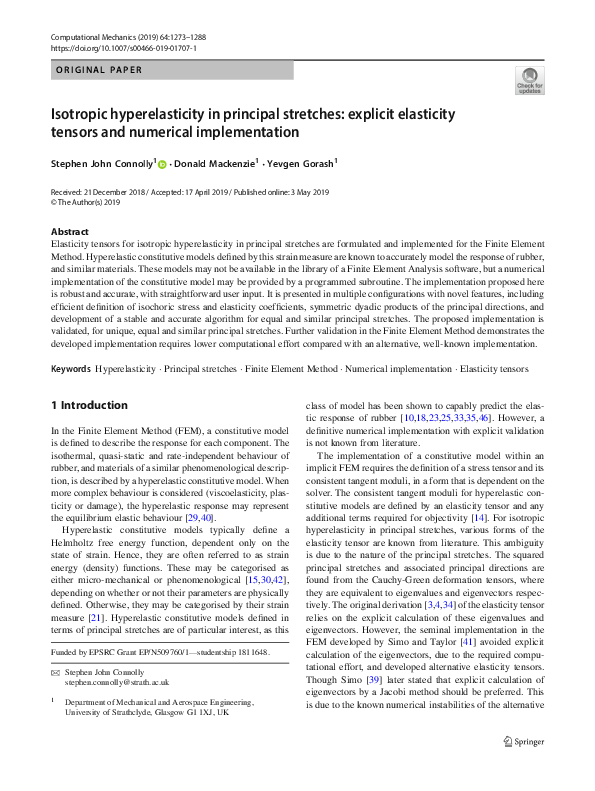 (PDF) Isotropic hyperelasticity in principal stretches: explicit elasticity tensors and ...