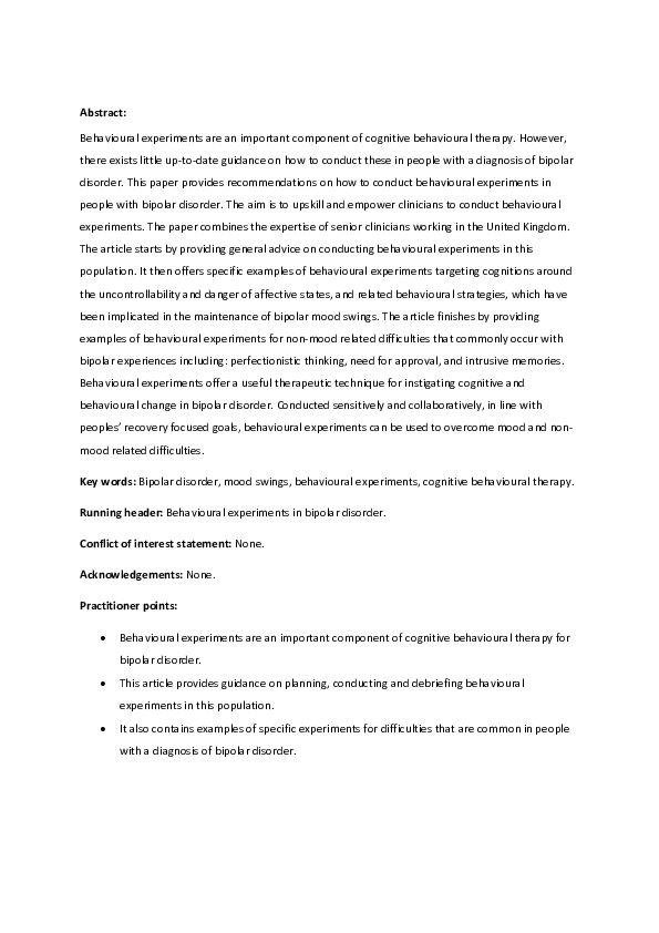 (PDF) A guide to behavioural experiments in bipolar disorder