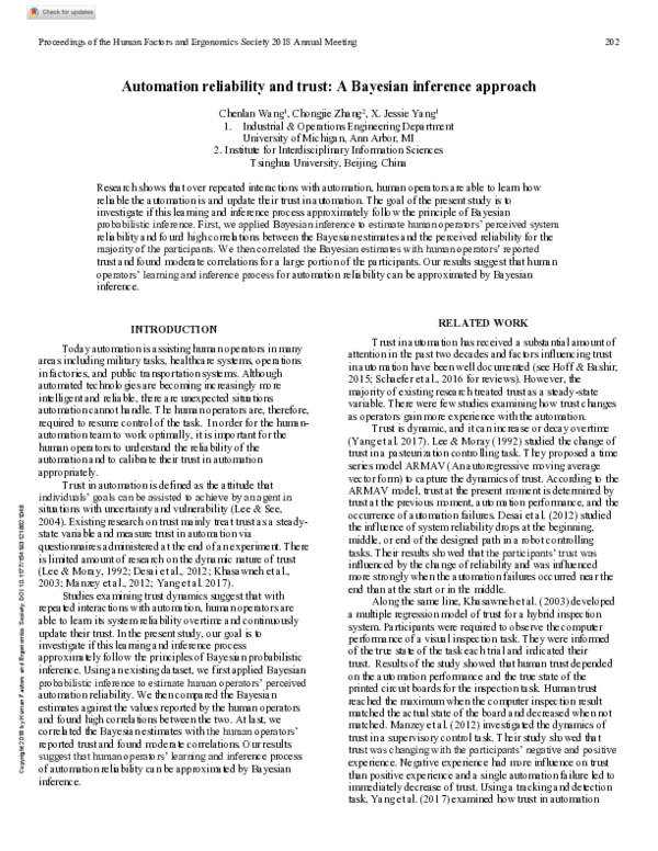 (PDF) Automation reliability and trust: A Bayesian inference approach ...