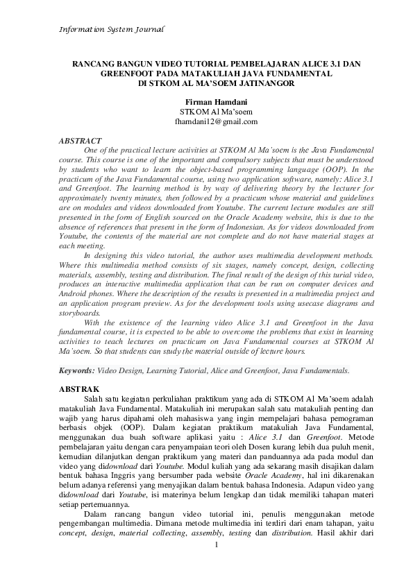 (PDF) Rancang Bangun Video Tutorial Pembelajaran Alice 3.1 Dan Greenfoot Pada Matakuliah Java ...