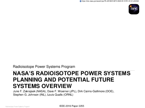 (PDF) NASA's Radioisotope Power Systems planning and potential future ...