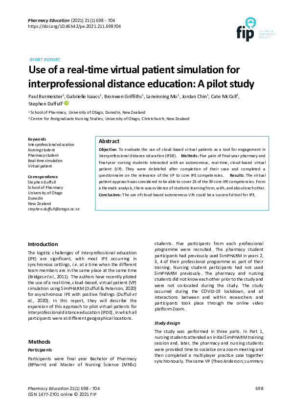 (PDF) Use of a real-time virtual patient simulation for interprofessional distance education: A ...