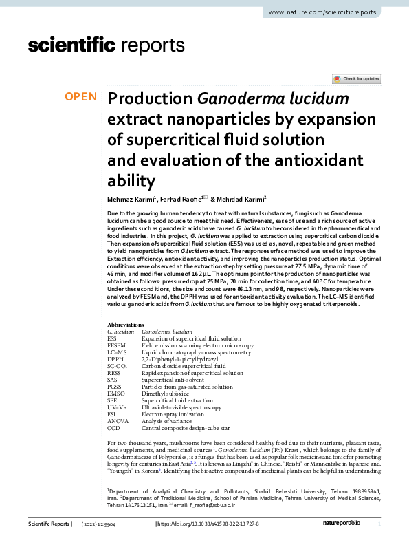 (PDF) Production Ganoderma lucidum extract nanoparticles by expansion of supercritical fluid ...