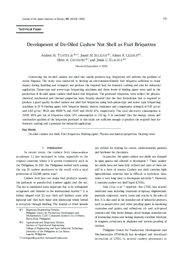 (PDF) Development of De-Oiled Cashew Nut Shell as Fuel Briquettes ...