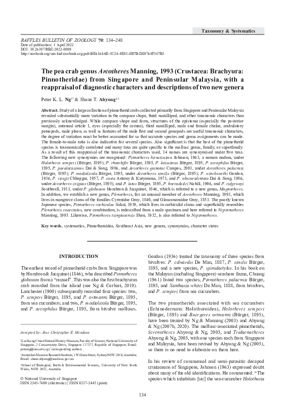 (PDF) The pea crab genus Arcotheres Manning, 1993 (Crustacea: Brachyura ...