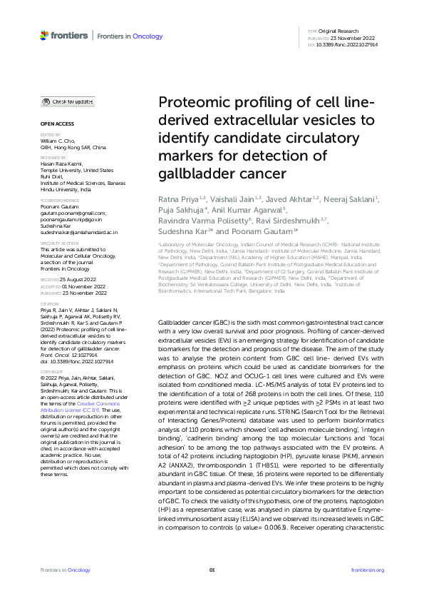 (PDF) Proteomic profiling of cell line-derived extracellular vesicles to identify candidate ...