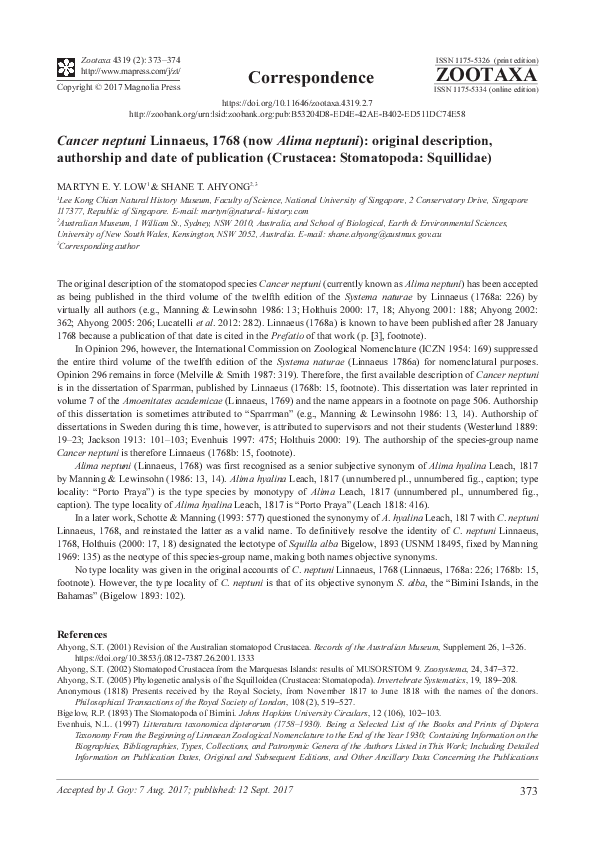 (PDF) Cancer neptuni Linnaeus, 1768 (now Alima neptuni): original ...