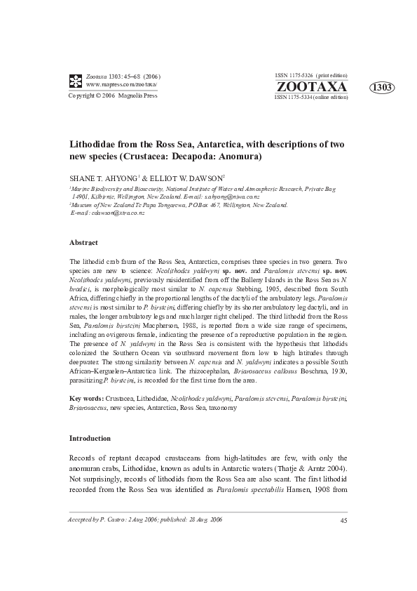 (PDF) Lithodidae from the Ross Sea, Antarctica, with descriptions of ...