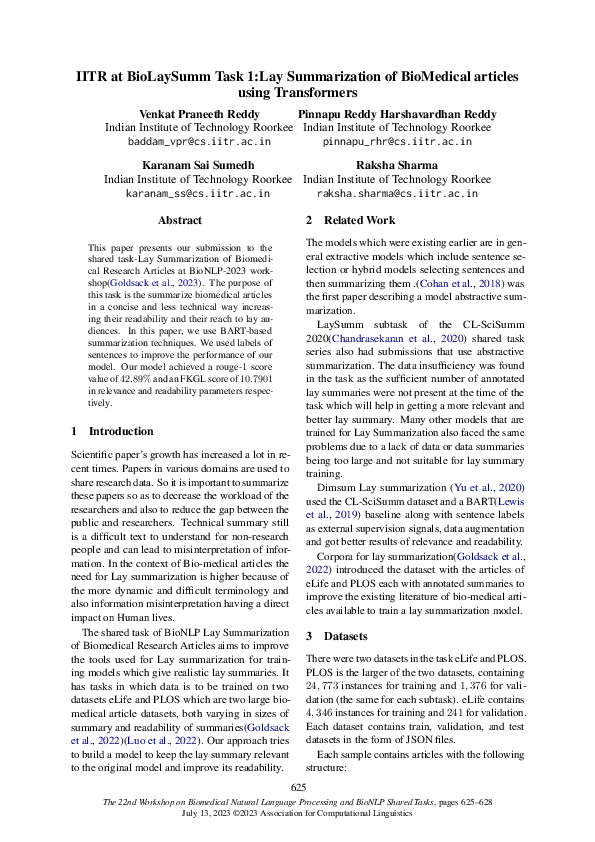 (PDF) IITR at BioLaySumm Task 1:Lay Summarization of BioMedical articles using Transformers