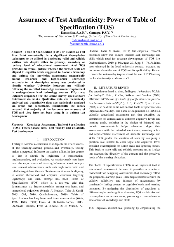 (PDF) Assurance of Test Authenticity: Power of Table of Specification (TOS)