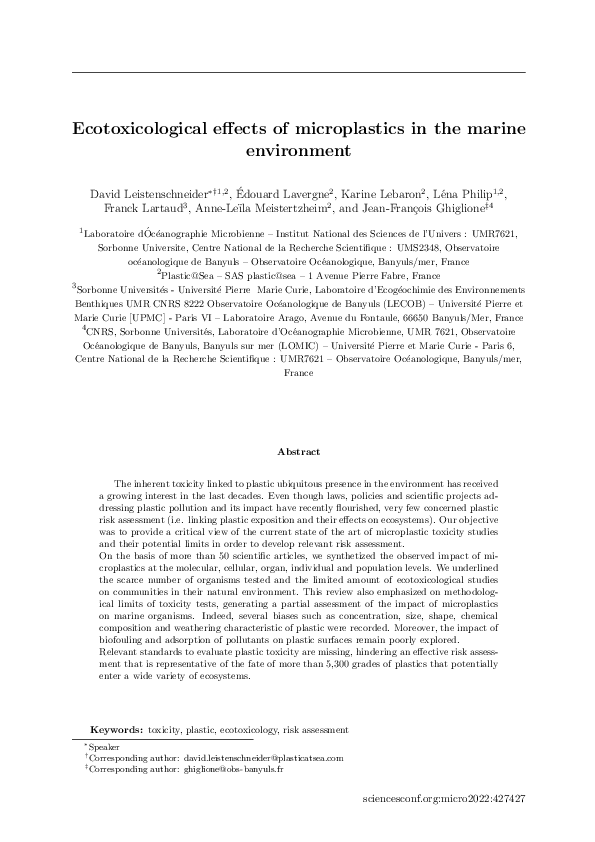 (PDF) Ecotoxicological effects of microplastics in the marine environment