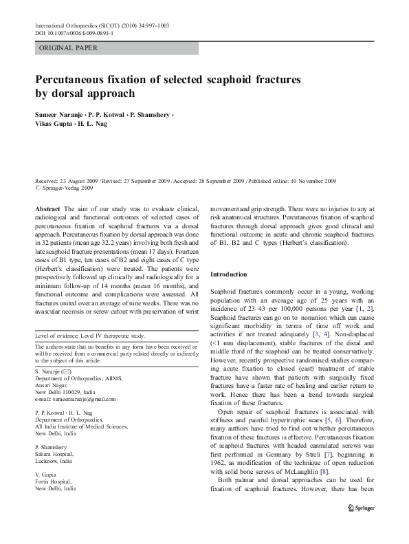 (PDF) Percutaneous fixation of selected scaphoid fractures by dorsal ...