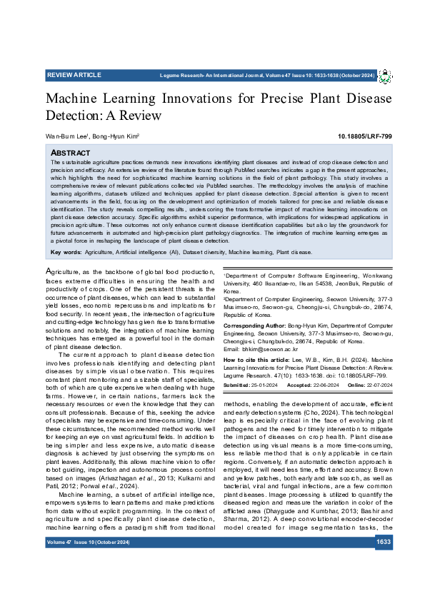 Pdf Machine Learning Innovations For Precise Plant Disease Detection A Review