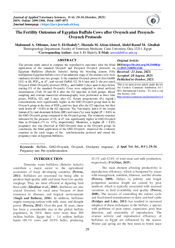 (PDF) The Fertility Outcomes of Egyptian Buffalo Cows after Ovsynch and ...