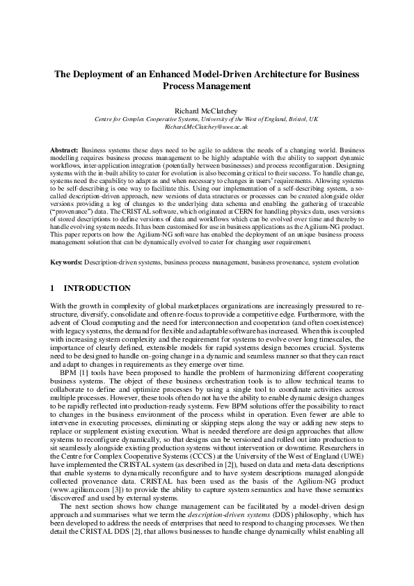 (PDF) The Deployment of an Enhanced Model-Driven Architecture for Business Process Management