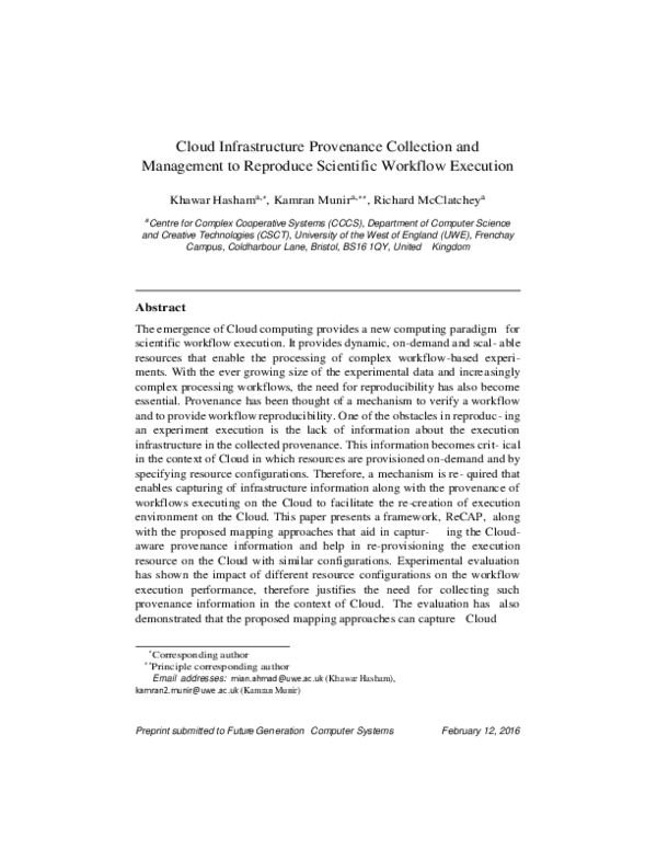 (PDF) Provenance Management for Reproducible Cloud Workflows