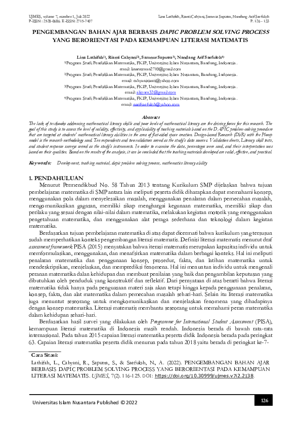 (PDF) Pengembangan Bahan Ajar Berbasis Dapic Problem Solving Process Yang Berorientasi Pada ...