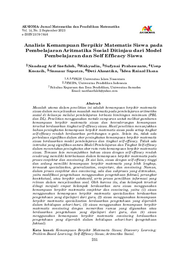 (PDF) Analisis Kemampuan Berpikir Matematis Siswa pada Pembelajaran Aritmatika Sosial Ditinjau ...