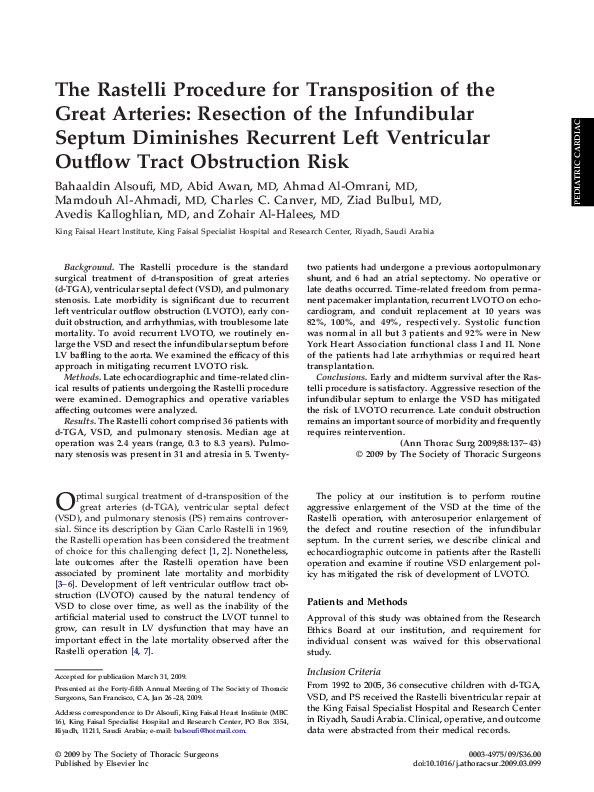 (PDF) The Rastelli Procedure for Transposition of the Great Arteries ...