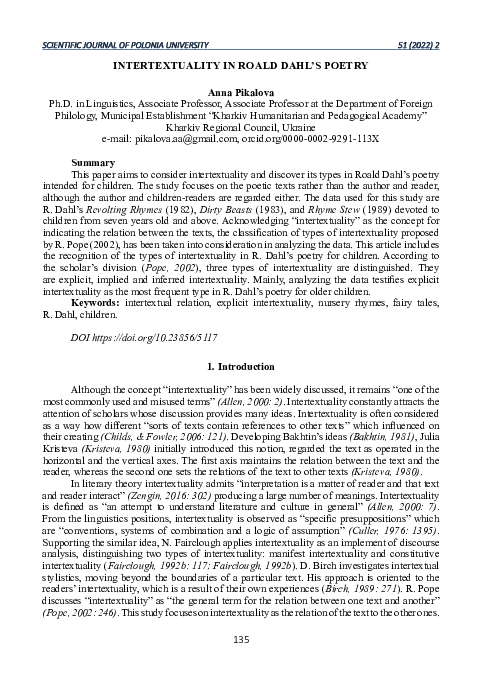 (PDF) Intertextuality in Roald Dahl’s Poetry
