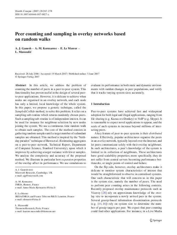 (PDF) Peer counting and sampling in overlay networks based on random walks