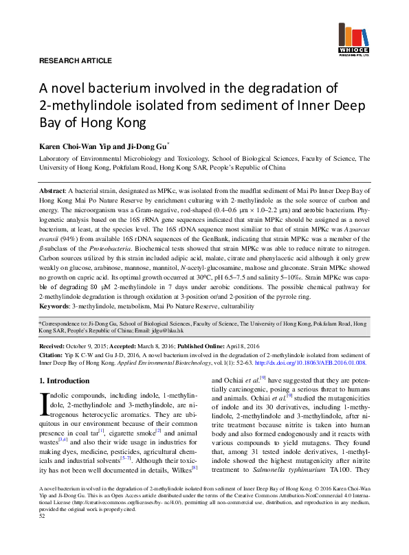 (PDF) A Novel Bacterium Involved in the Degradation of 2-Methylindole ...