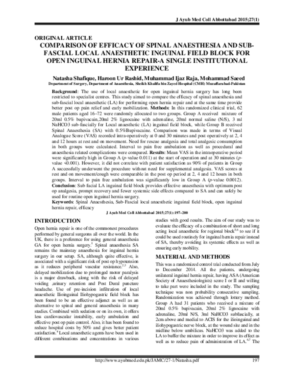 (PDF) Comparison of Efficacy of Spinal Anaesthesia and Sub- Fascial ...