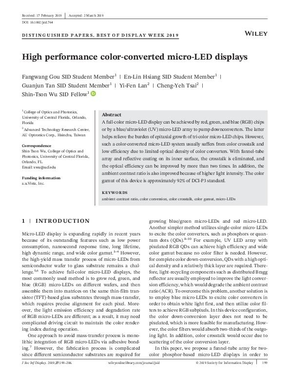 (PDF) Efficient Color-Converted Micro-LED Displays Using Funnel-Tube Arrays