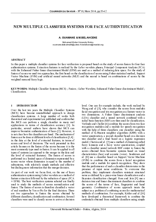 (PDF) New Multiple Classifier Systems for Face Authentification