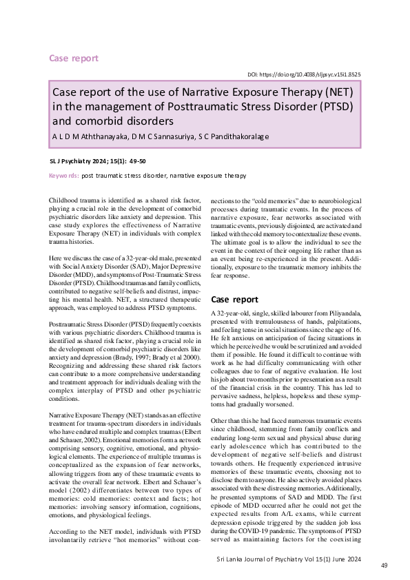 (PDF) Case report of the use of Narrative Exposure Therapy (NET) in the ...