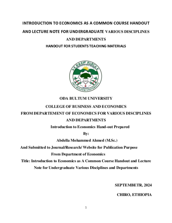 (PDF) INTRODUCTION TO ECONOMICS AS A COMMON COURSE HANDOUT AND LECTURE ...