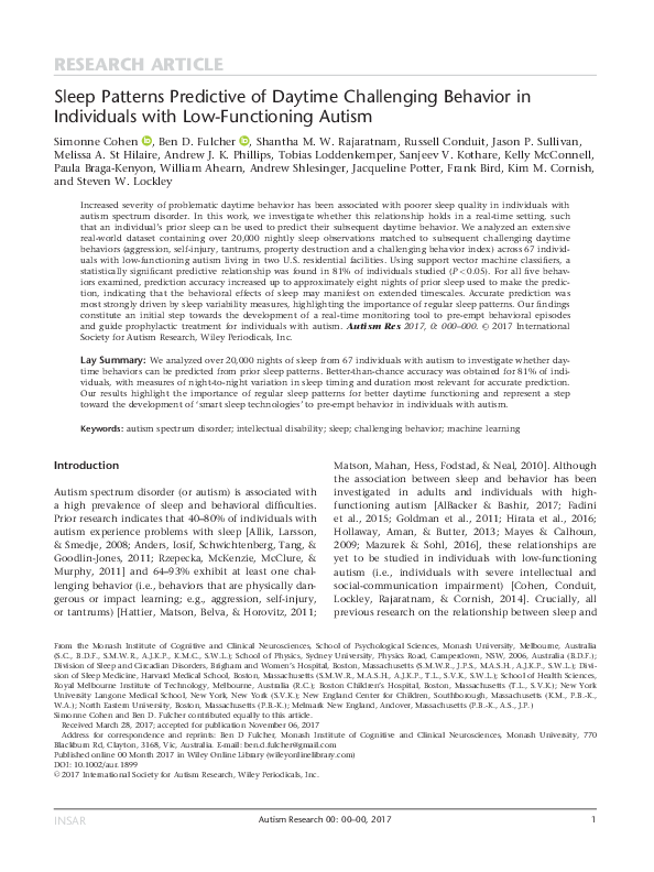 (PDF) Sleep patterns predictive of daytime challenging behavior in individuals with low ...