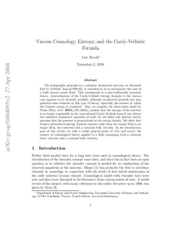 (PDF) Viscous Cosmology, Entropy, and the Cardy-Verlinde Formula