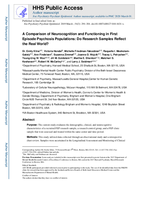 (PDF) A comparison of neurocognition and functioning in first episode ...